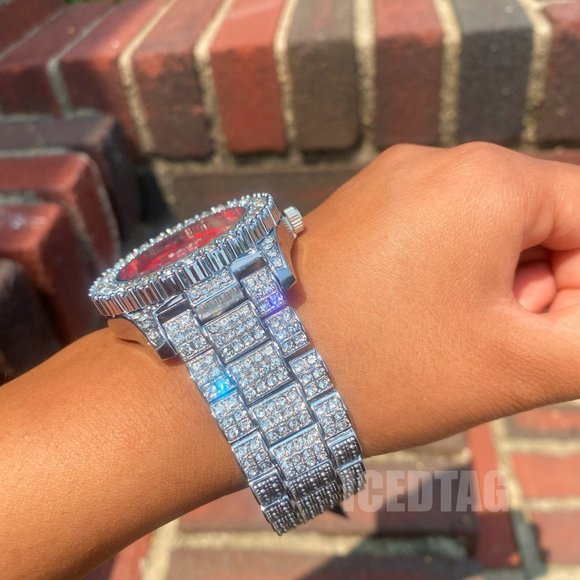 Accessories | Ice Out Red Dial White Gold Pt Luxury Celeb Style Bling ...